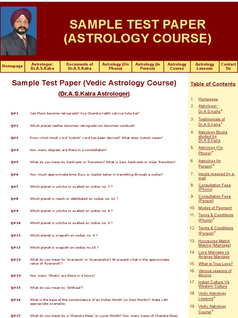 Sample Test Paper For Astrology Course in India | PDF | Hindu Astrology ...