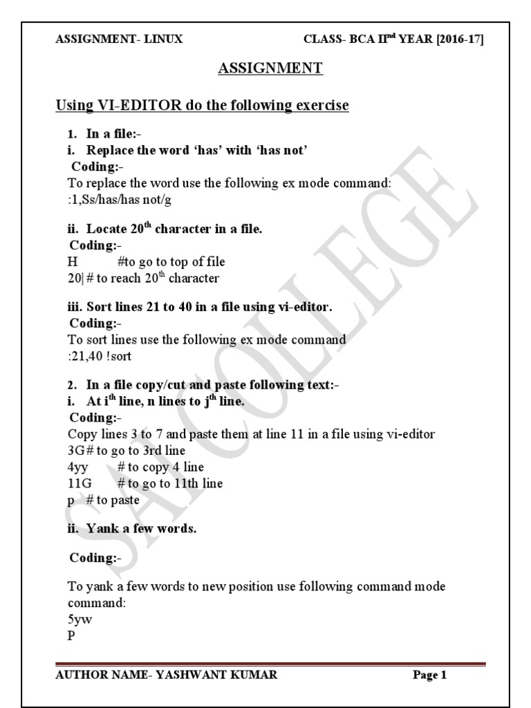 Assignment Using VI-EDITOR Do The Following Exercise: Assignment-Linux ...