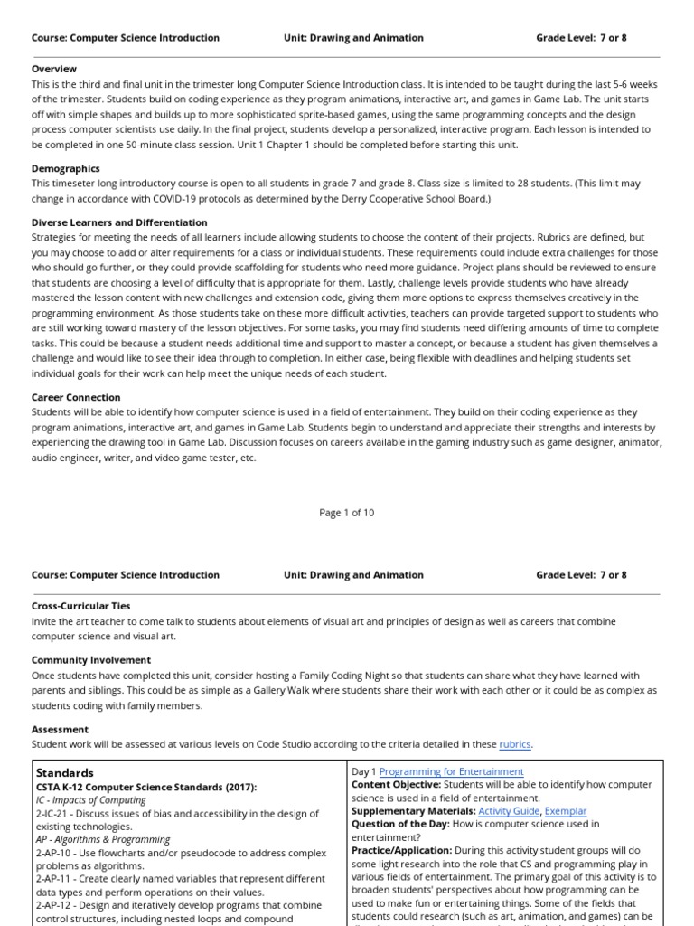 Course: Computer Science Introduction Unit: Drawing and Animation Grade ...