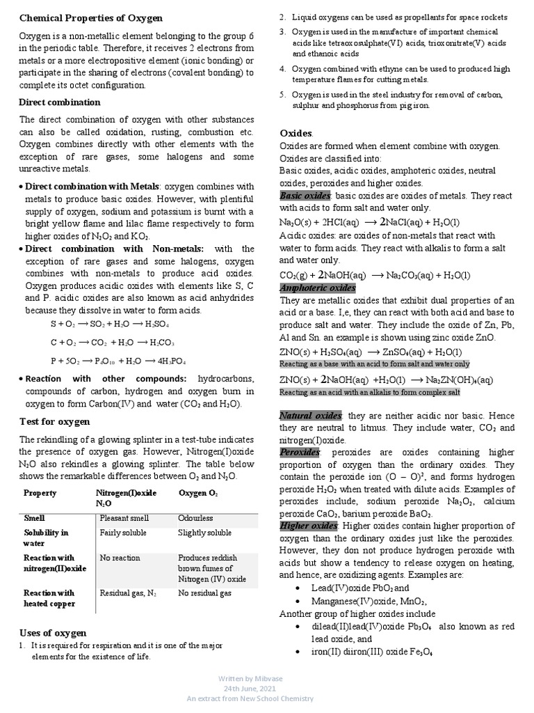 Chemical Properties of Oxygen | PDF | Oxide | Oxygen