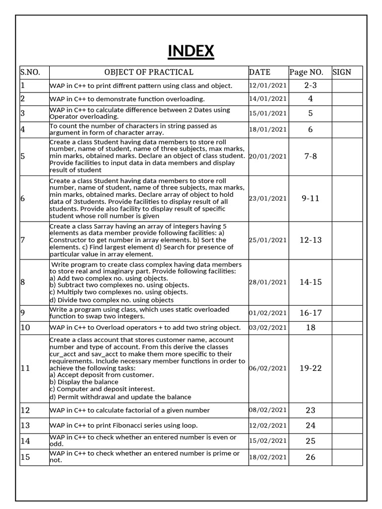 Index: S.NO. Object of Practical Date Page No. Sign 1 2-3 2 4 3 5 4 6 5 7-8 | PDF | C++ | Array ...