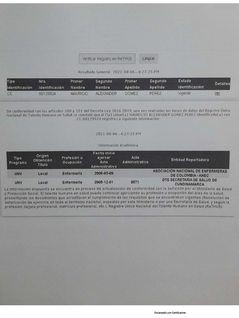 21 Certificacion de Inscripcion Rethus | PDF