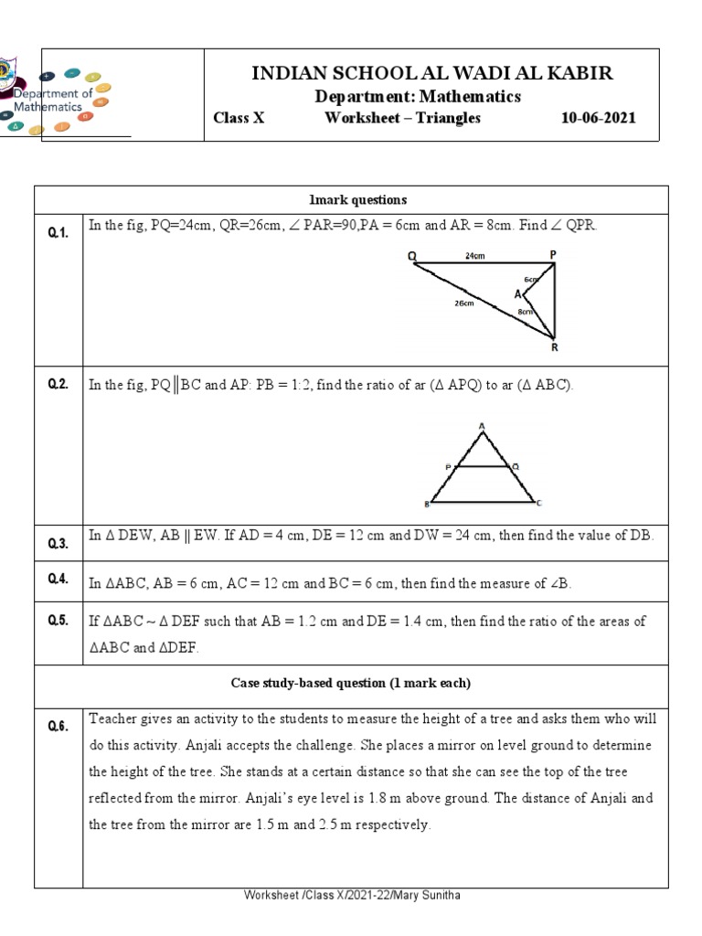 Indian School Al Wadi Al Kabir Department: Mathematics: Class X ...