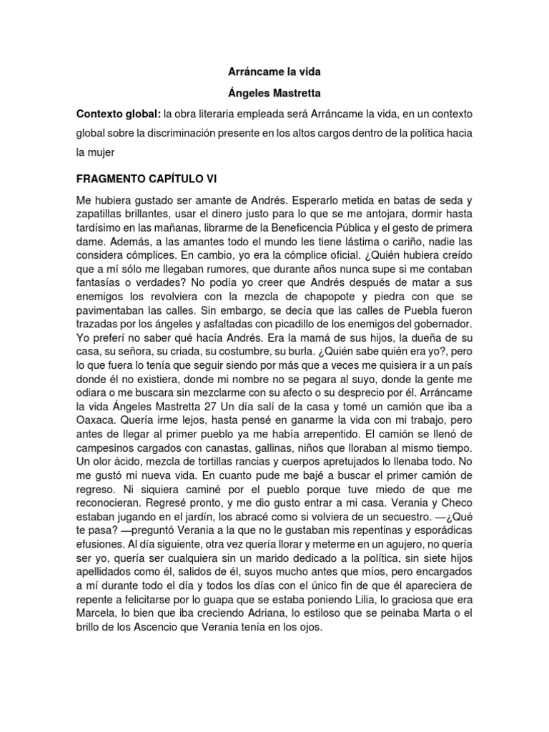Fragmento Texto Literario Arráncame La Vida | PDF