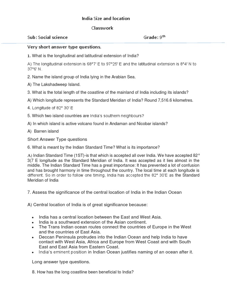 India Size and Location Classwork Sub: Social Science Grade: 9 Very ...