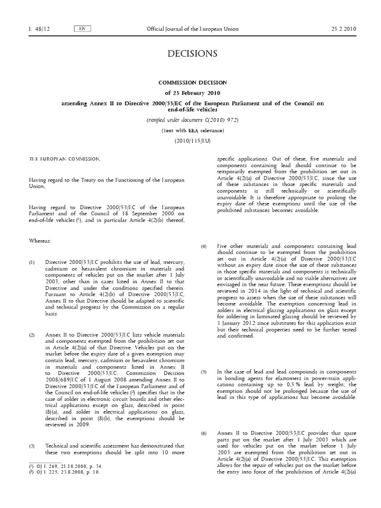 ELV Directive Annex II 2010 | PDF | Electrical Engineering | Chemistry