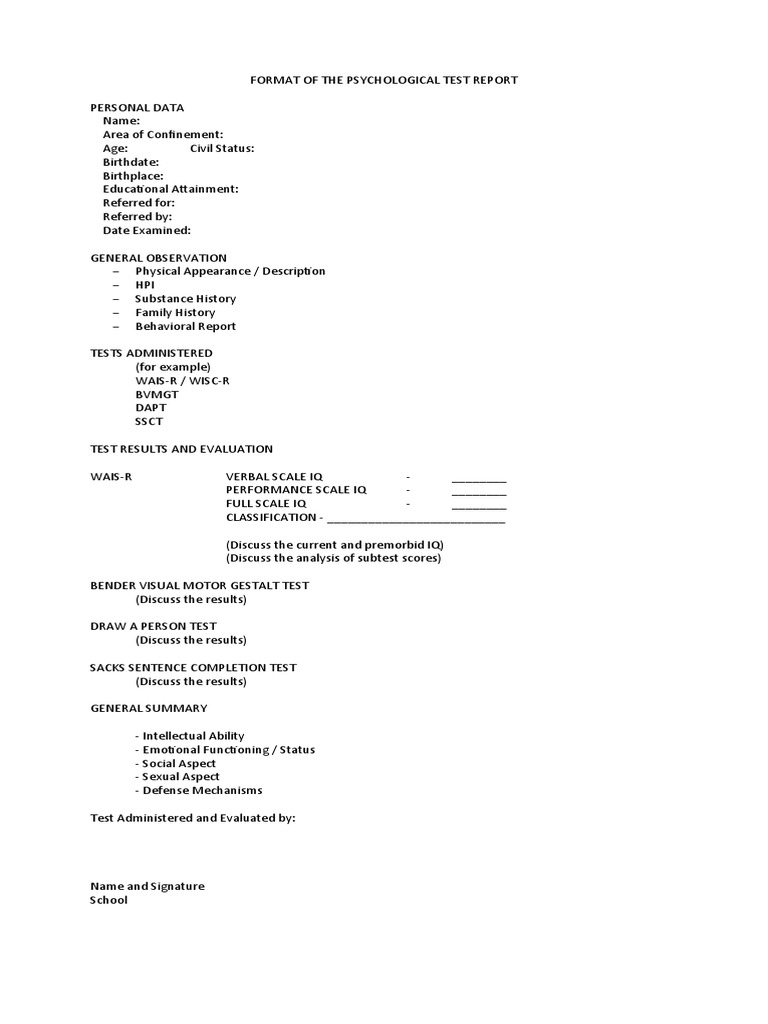 Format of The Psychological Test Report NCMH | PDF