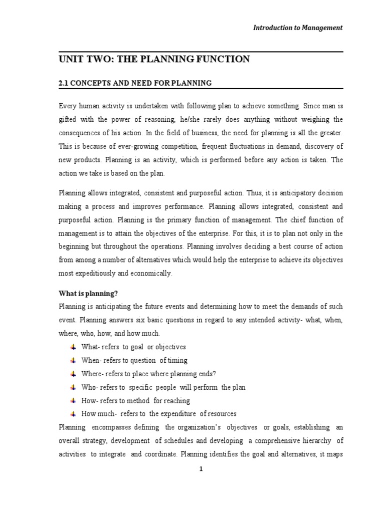 Unit Two: The Planning Function | PDF | Goal | Planning
