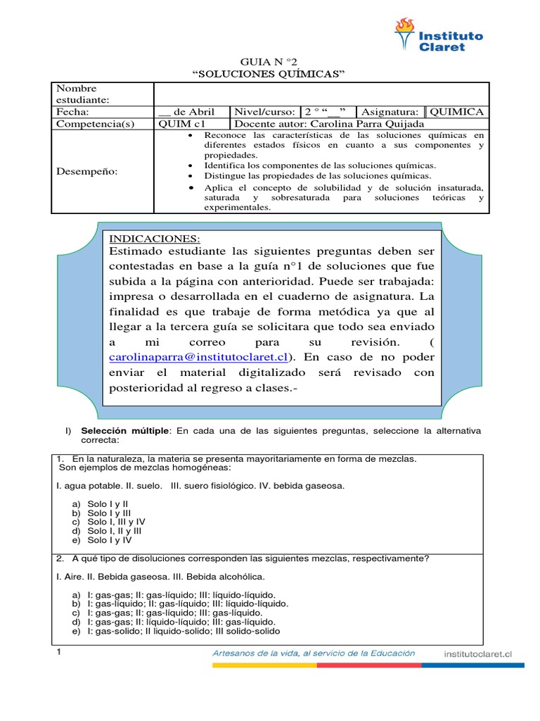2° QCA Guía 2 Soluciones | PDF | Solubilidad | Mezcla