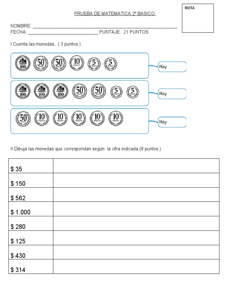 Ejercicios de Monedas para Primer Grado | PDF
