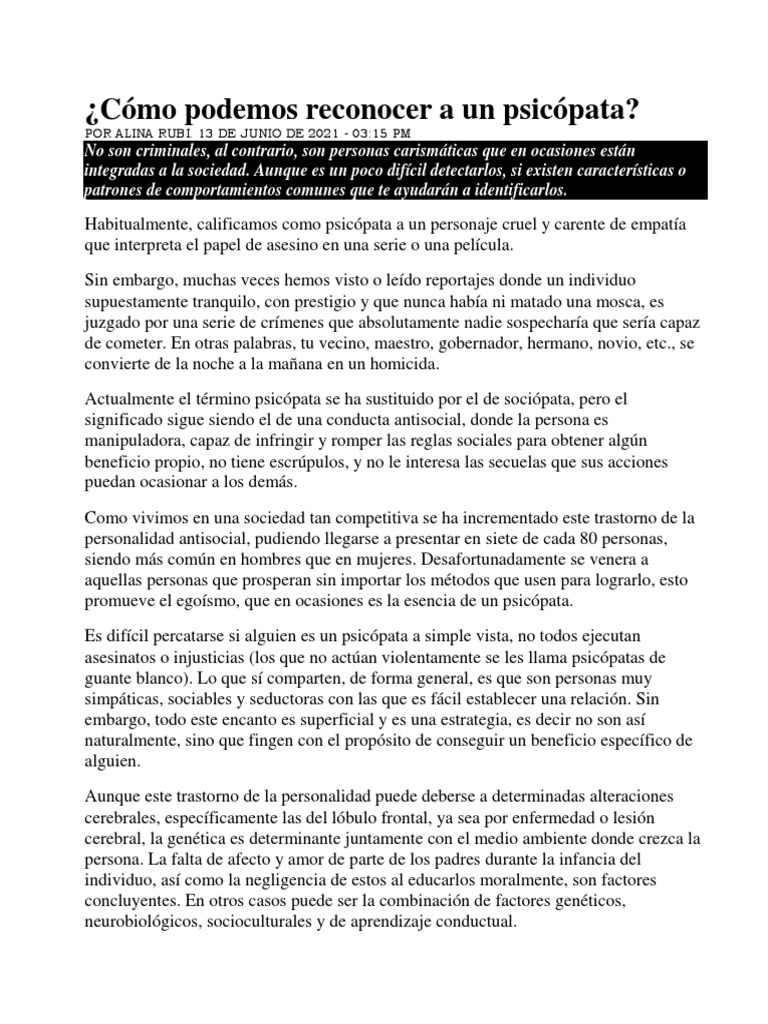 Cómo Podemos Reconocer A Un Psicópata | PDF | Psicopatía | Desorden de ...