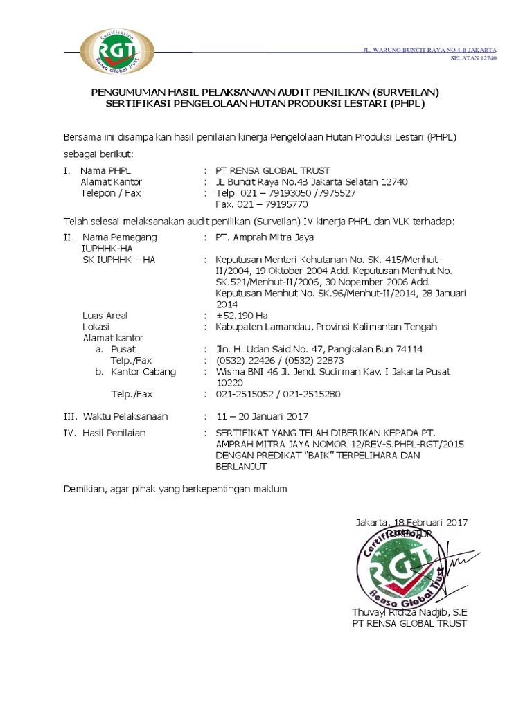 Pengumuman Hasil Pelaksanaan Audit Penilikan (Surveilan) Sertifikasi ...