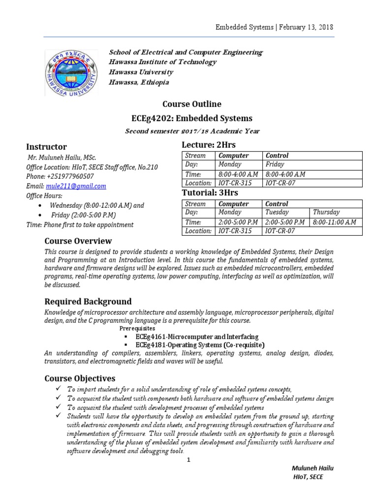 Course Outline Eceg4202: Embedded Systems Lecture: 2Hrs | PDF ...