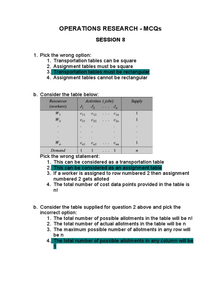 Operations Research - MCQS: Session 8 | PDF