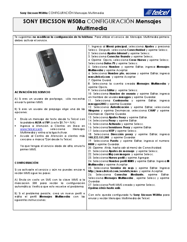 Configura MMS en Sony Ericsson W508a | PDF | Servicio de Mensajes ...