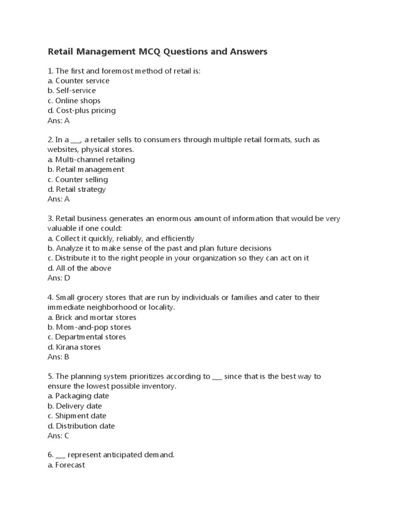 Retail Management MCQ Questions and Answers | PDF | Retail | Market ...