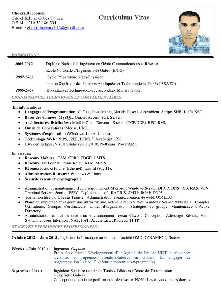 Curriculum Vitae: Cité El Izdihar Gabès Tunisie G.S.M: +216 52 186 594 E-Mail | Descargar gratis ...