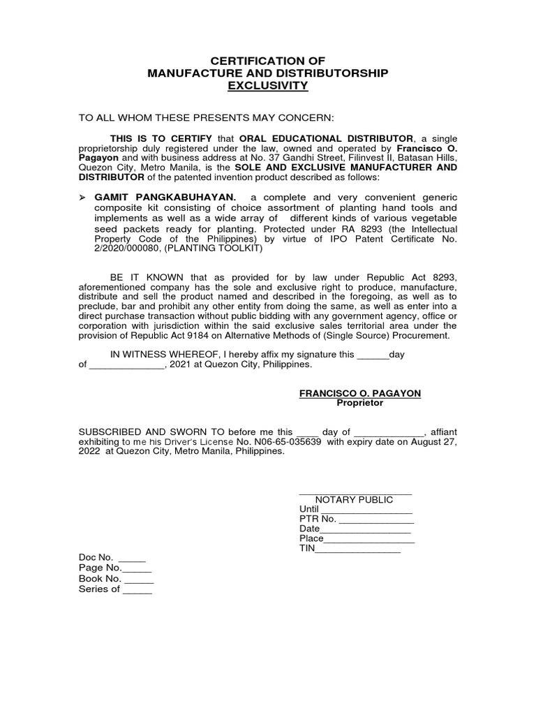 Certification of EXCLUSIVITY GAMIT PANGKABUHAYAN | PDF | Civil Law ...