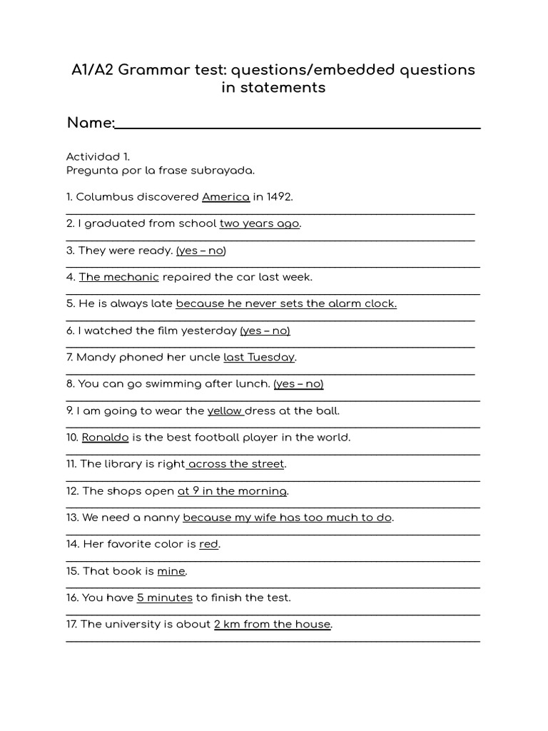 A1 - A2 Grammar Test - Questions - Embedded Questions | PDF