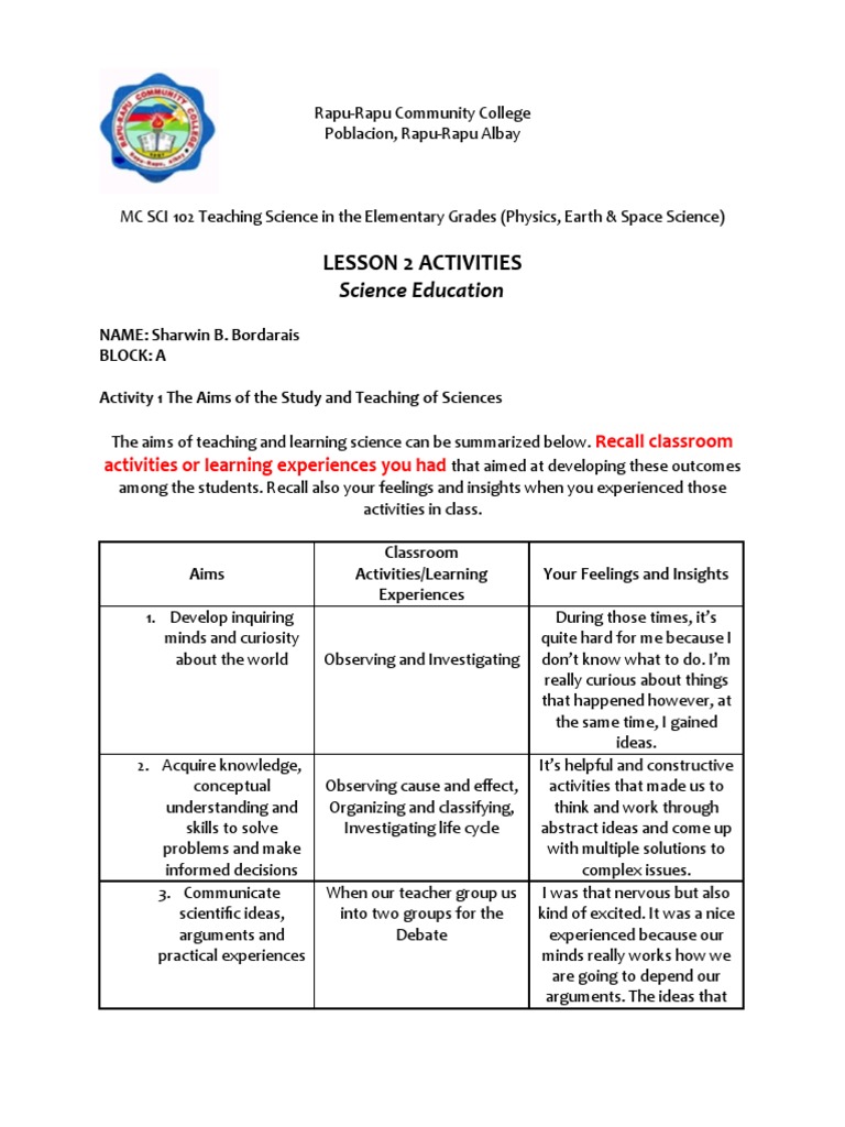 Teaching Science: Lesson 2 Activities | PDF | Science | Science Education