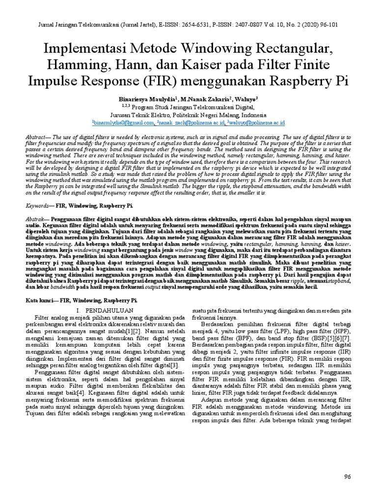 Implementasi Metode Windowing Rectangular, Hamming, Hann, Dan Kaiser Pada Filter Finite Impulse ...