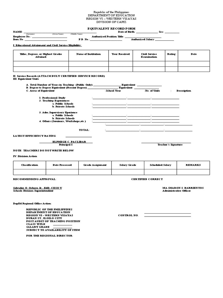 Equivalent Record Form: Republic of The Philippines Department of ...
