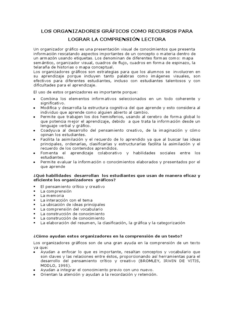 Organizadores Gráficos para Comprensión Lectora | PDF | Aprendizaje ...