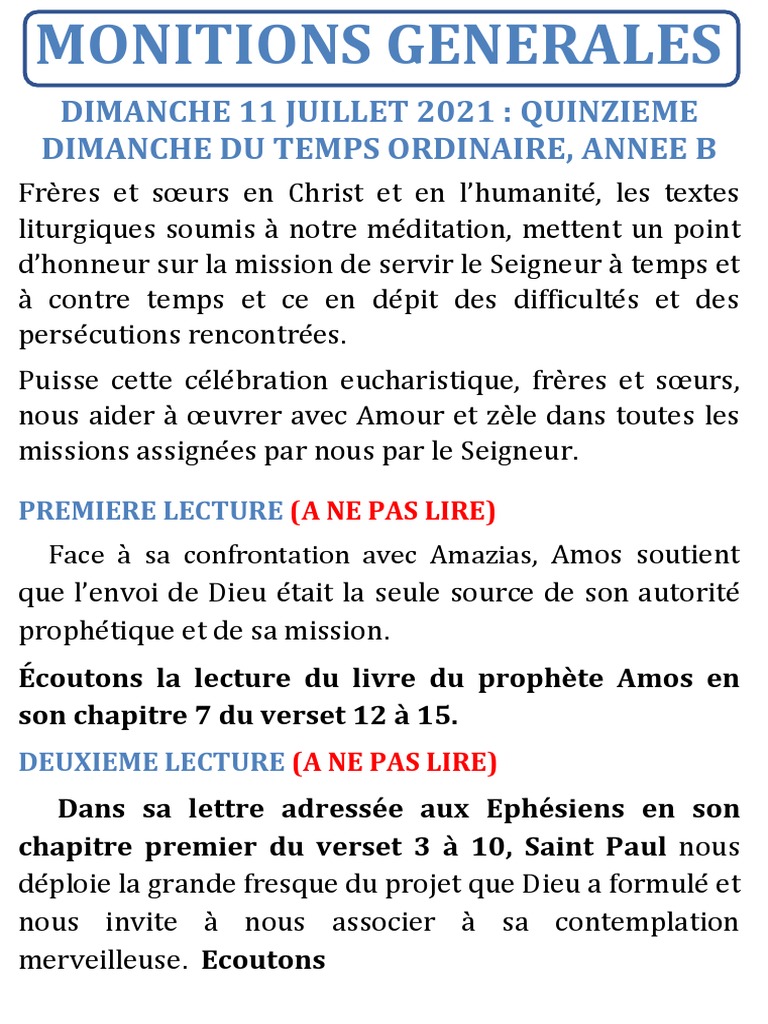 Monitions Generales Dimanche 11 Juillet 2021 | PDF