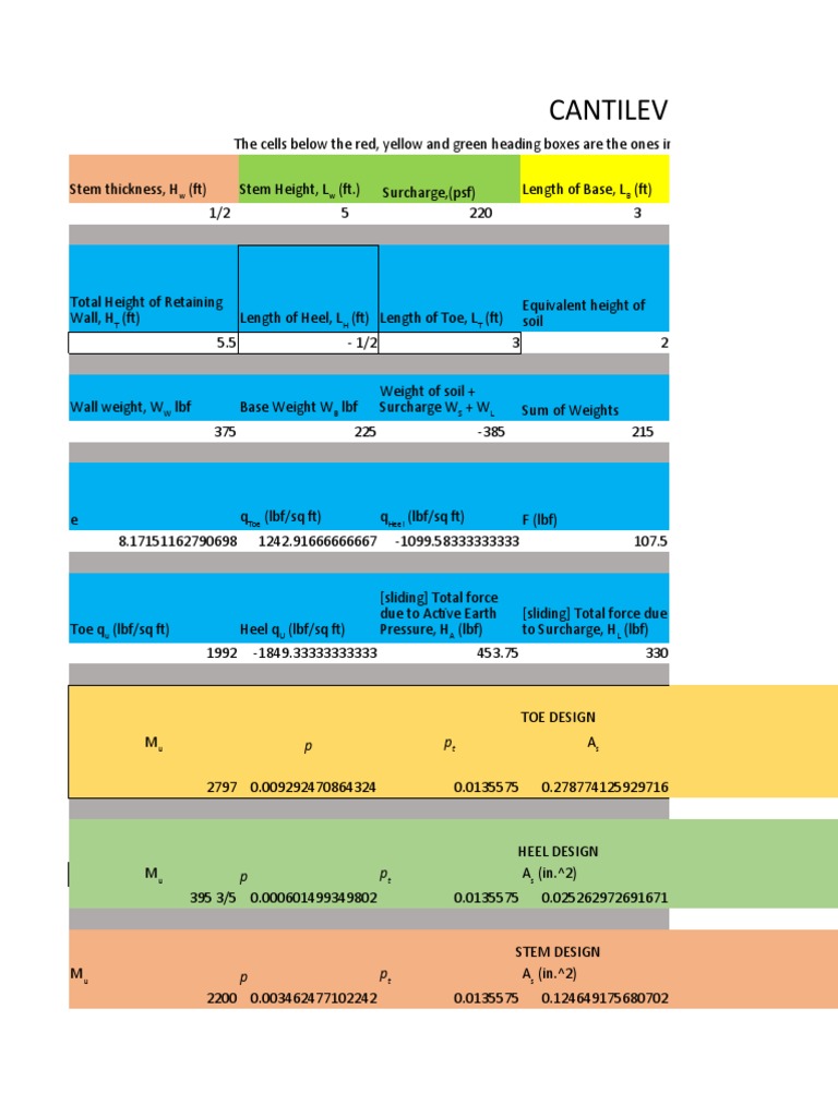Cantilever Retaining Wall Structural Design Spreadsheet | PDF ...