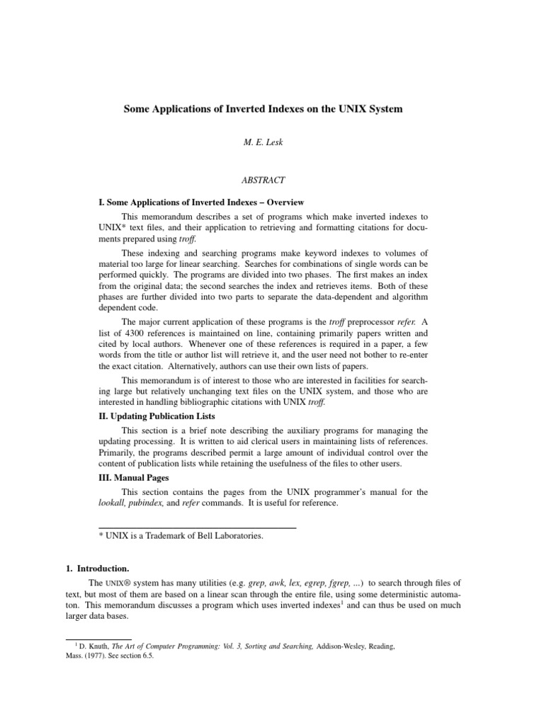 Some Applications of Inverted Indexes On The UNIX System - M. E. Lesk | PDF | Search Engine ...
