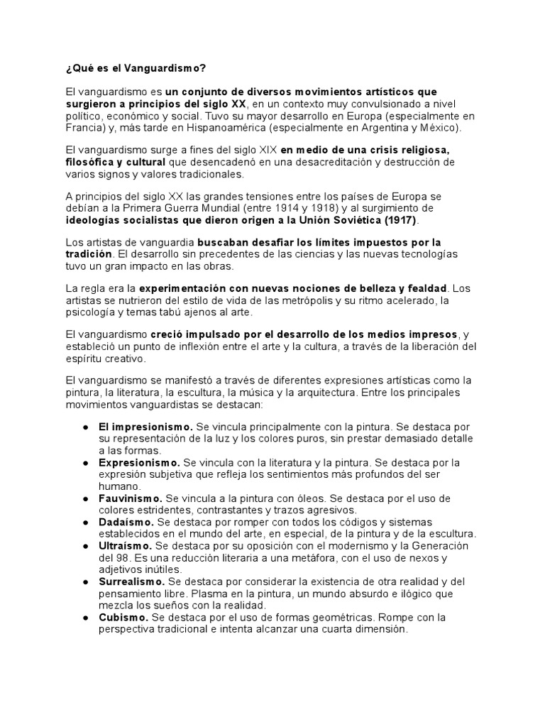Definición y características del Vanguardismo | PDF | Vanguardia | Las ...