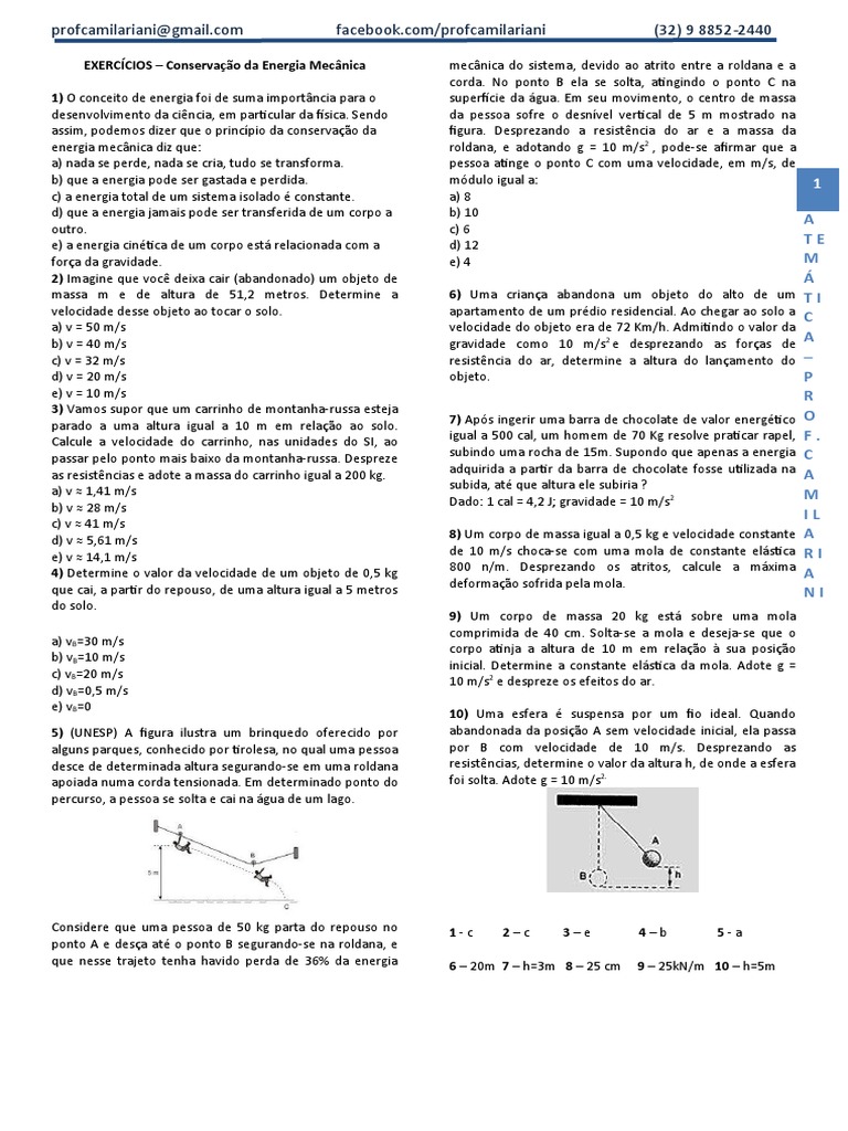 Lista Exercicios Energia Mecanica | PDF | Massa | Mecânica