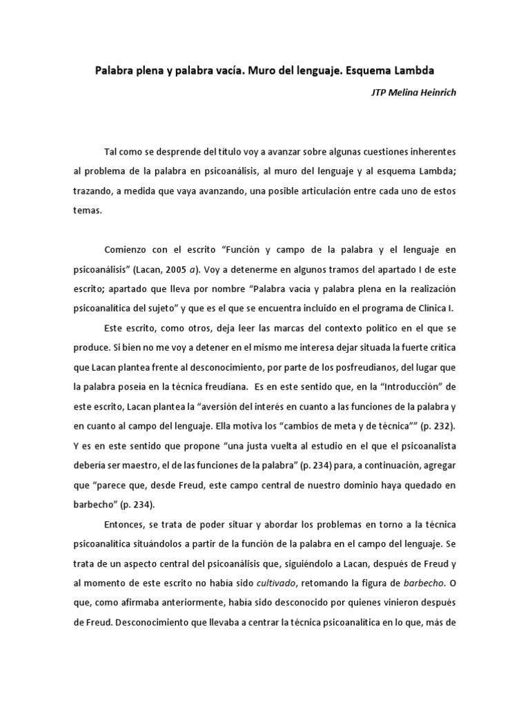 Teórico 6. Palabra vacía y palabra plena. Muro del lenguaje. Esquema ...