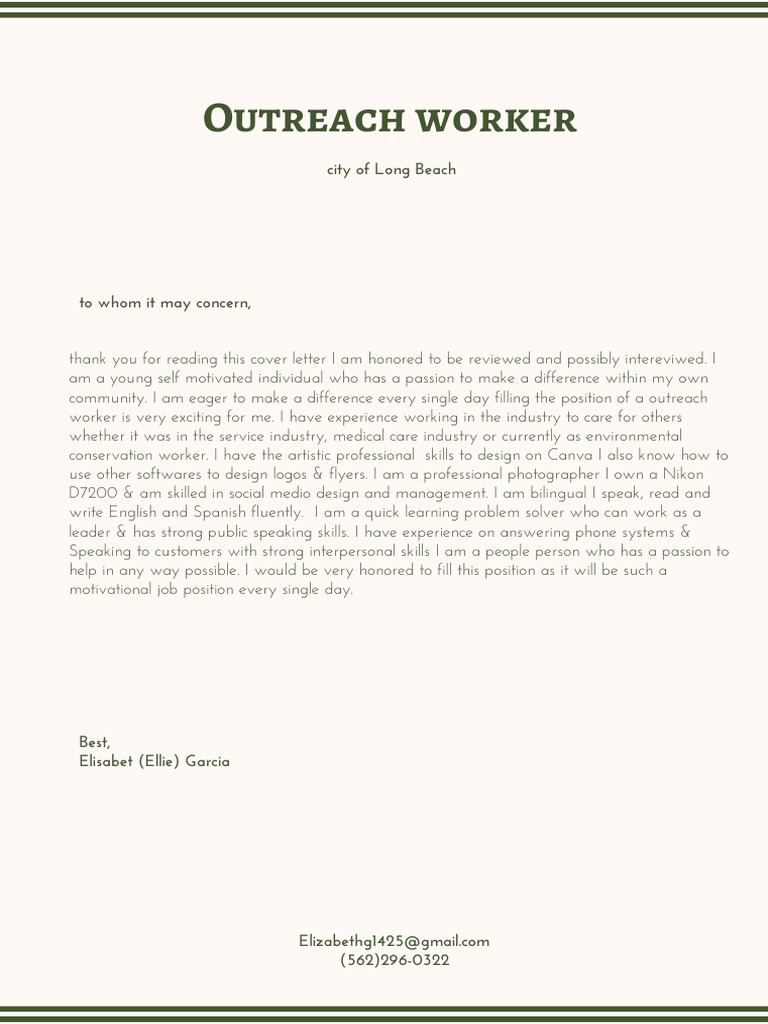 Cover Letter Outreach Worker | PDF