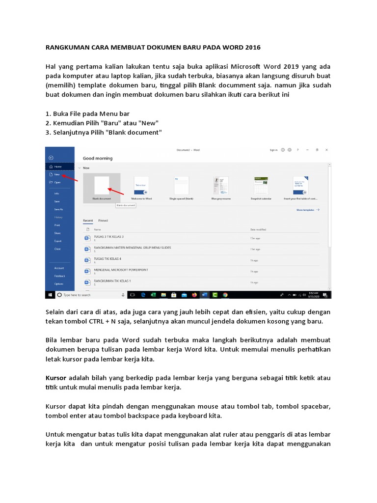 Rangkuman Cara Membuat Dokumen Baru Pada Word 2016 | PDF