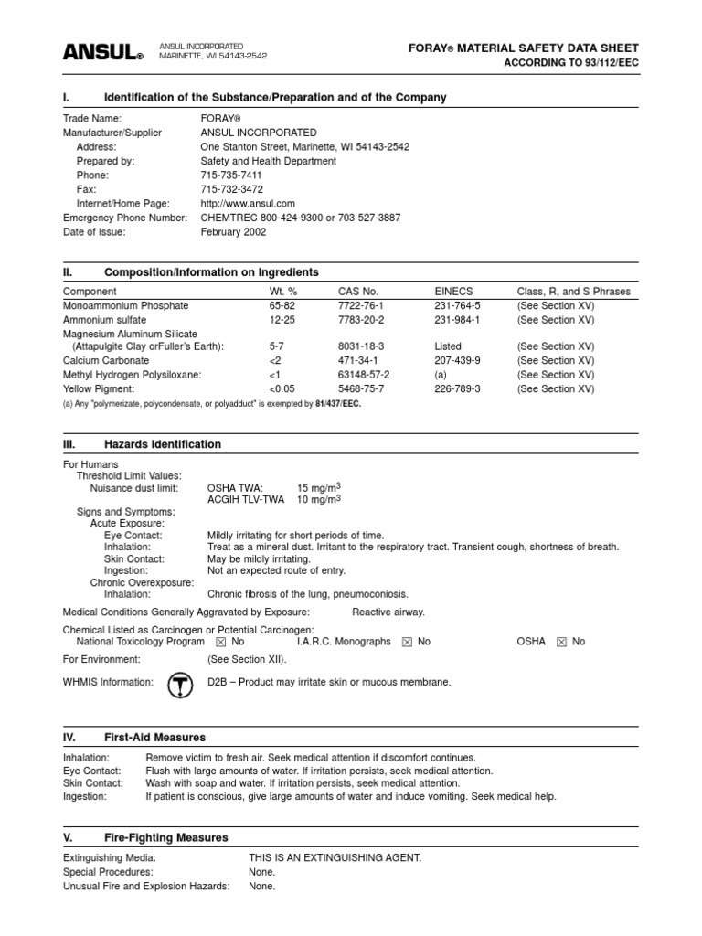 Ansul: Foray Material Safety Data Sheet | Download Free PDF | Magnesium ...