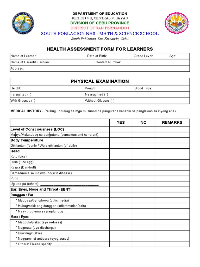 Health Assessment Form For Learners | PDF | Medical Specialties ...