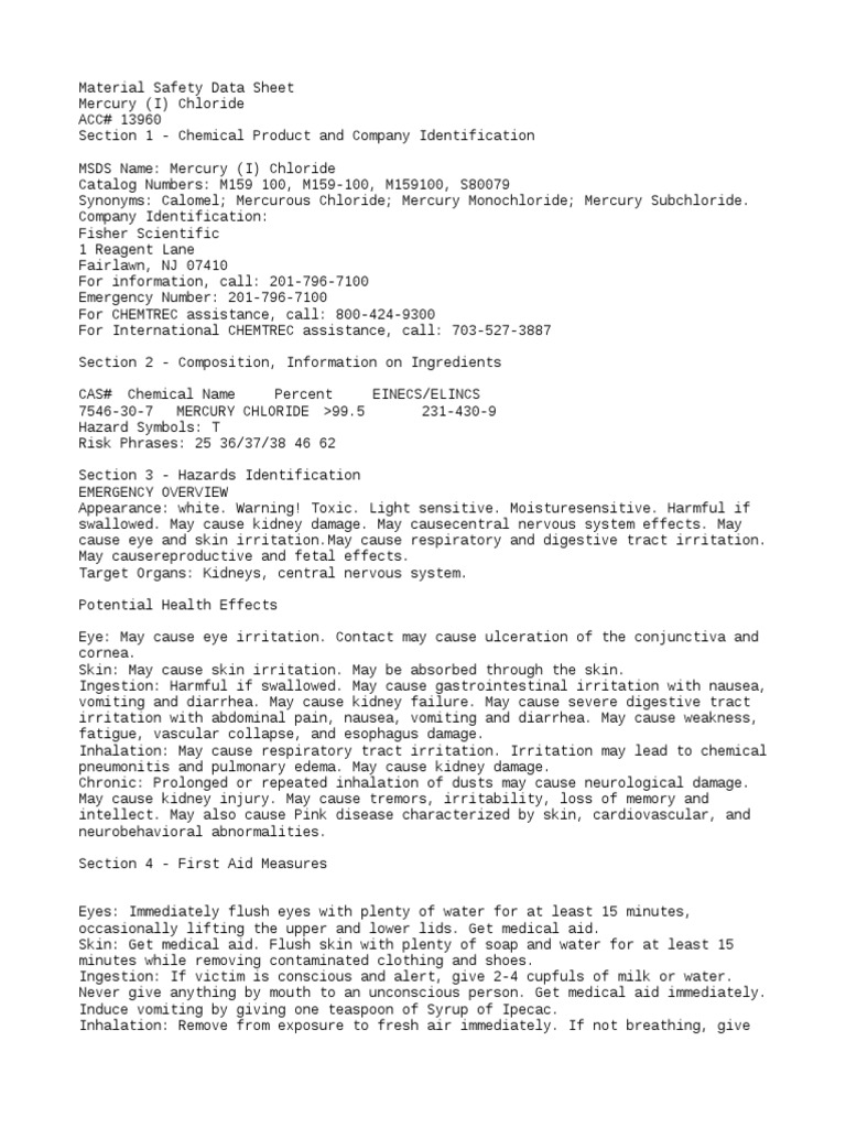 MSDS - Mercury (I) Chloride | PDF | Personal Protective Equipment ...