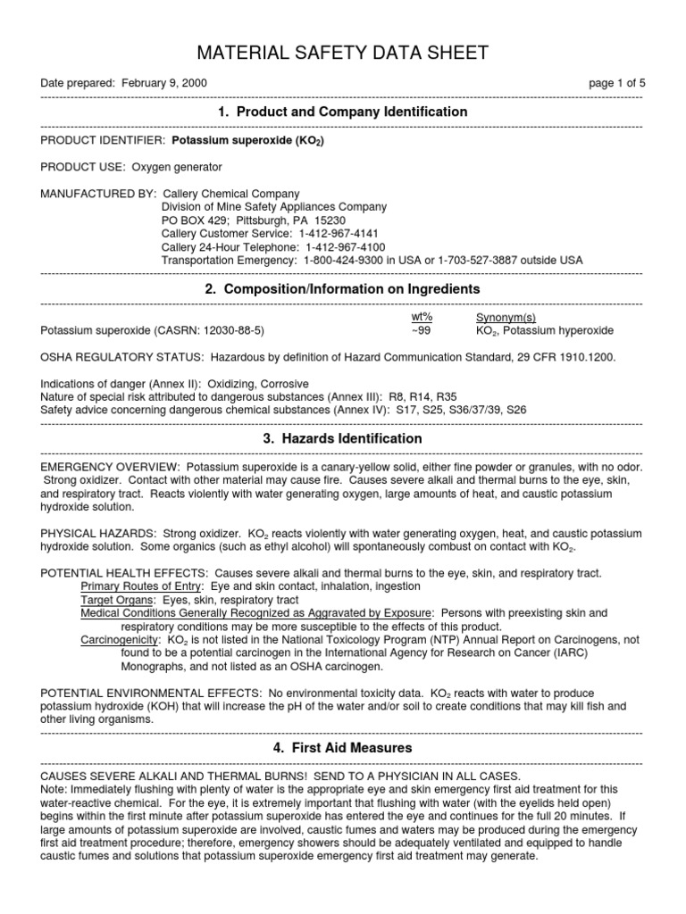 MSDS - Potassium Superoxide (KO2) | PDF | Dangerous Goods | Potassium