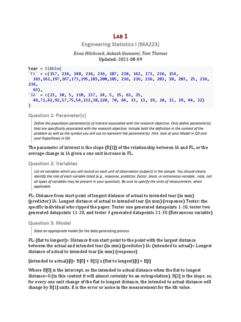 Lab 1 1 | PDF | Errors And Residuals | Dependent And Independent Variables
