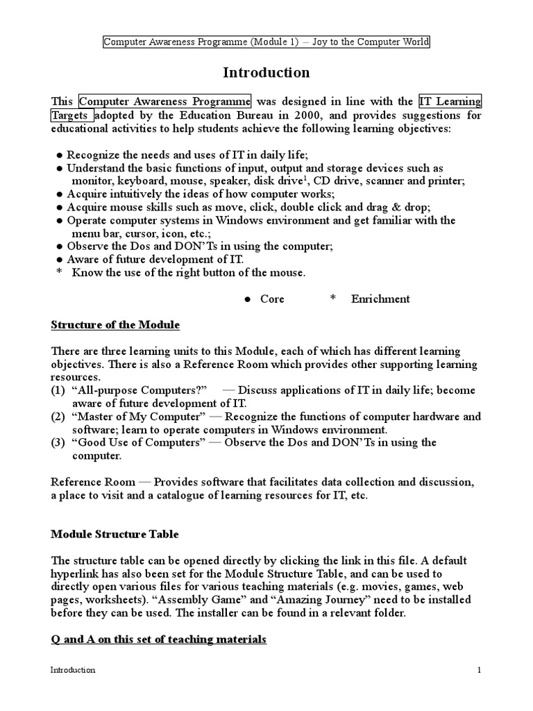 Computer Awareness Programme (Module 1) Joy To The Computer World | PDF ...