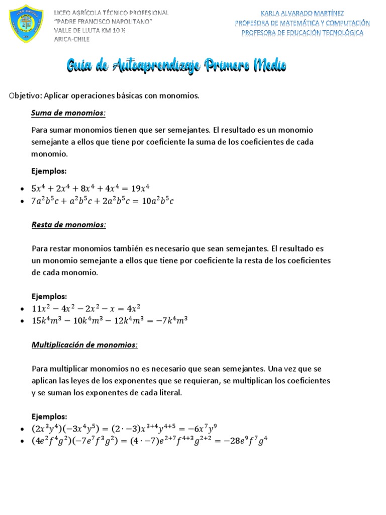Guia4 Operaciones Con Monomios | PDF