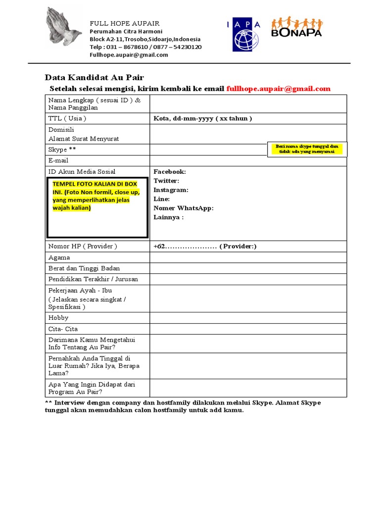 Formulir Pendaftaran Au Pair | PDF | Karier & Perkembangan