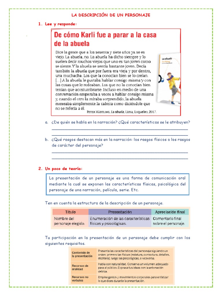 La Descripción de Un Personaje - 5to Grado | PDF