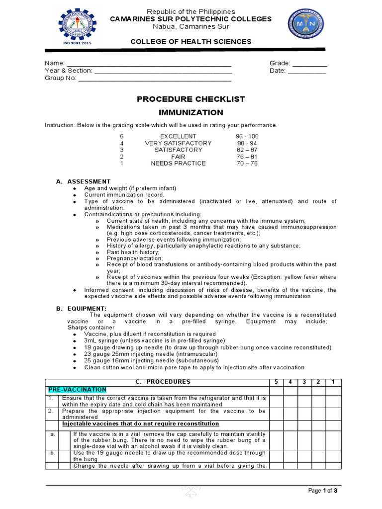 CHECKLIST PROCEDURES (Immunization) | PDF | Injection (Medicine) | Vaccines