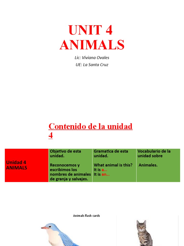 Unit 4 Animals: Lic: Viviana Ovales UE: La Santa Cruz | PDF | Language ...