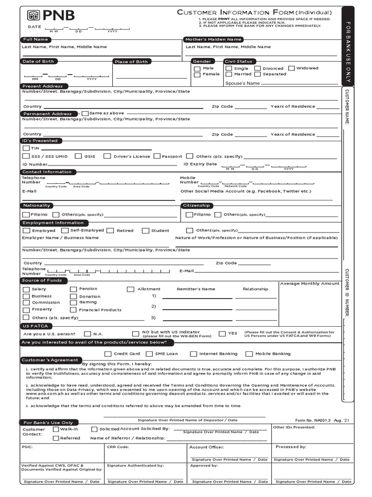 PNB Customer Information Form | PDF | Banks | Signature