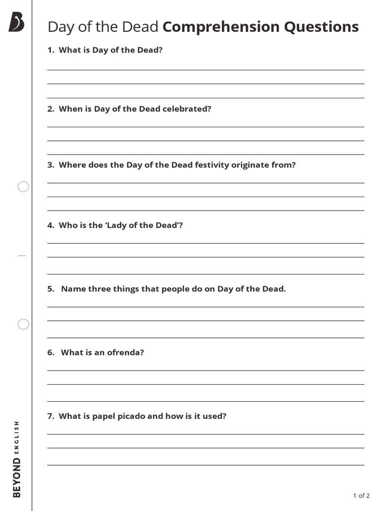 Day of The Dead Comprehension Questions MA | PDF | Halloween | Cultural ...