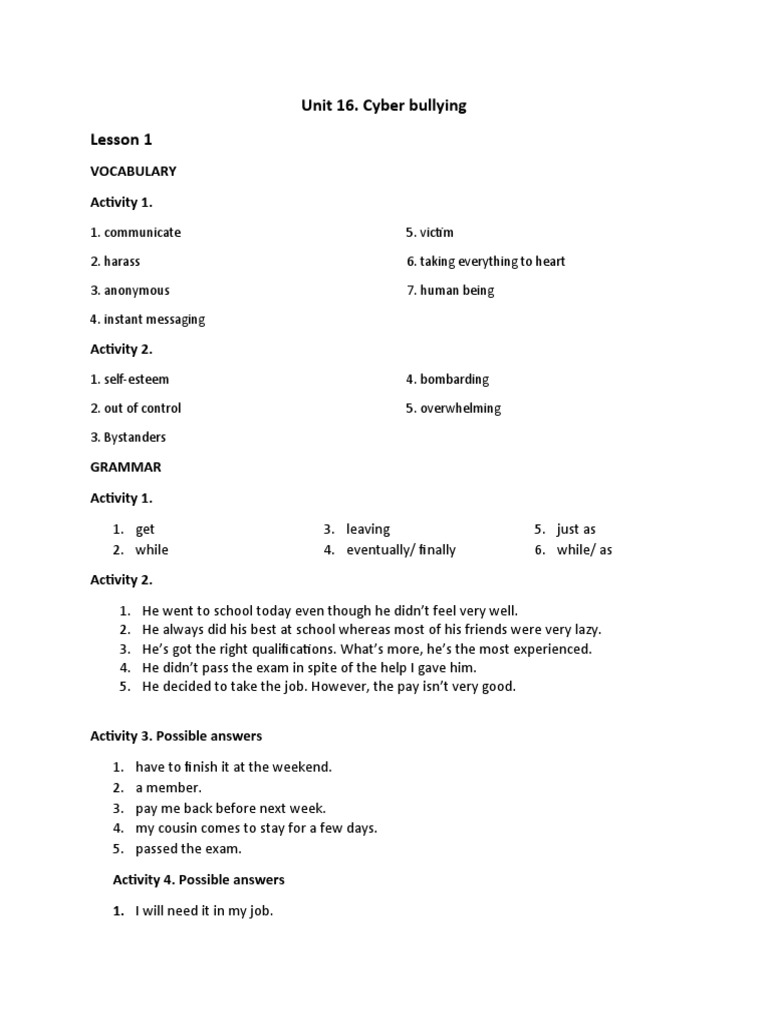 Unit 16. Cyber Bullying Lesson 1: Vocabulary Activity 1 | PDF | Bullying