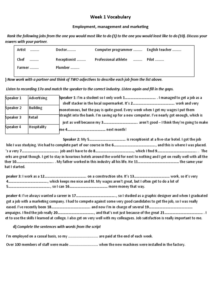 Week 1 Vocabulary: Employment, Management and Marketing | PDF ...